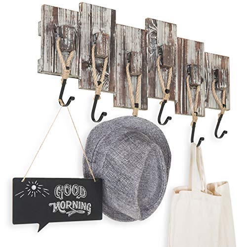 MyGift Wall Mounted Coat Rack, Rustic Nautical-Style Wall-Mounted Torched Wood Coat Rack with 6 Rope and Matte Black Metal Hooks