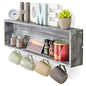 MyGift Wall Mounted Distressed Grey Solid Wood Wall Mug Holder Rack and Display Shelf with 4 Hooks, Coffee Cup Hanging Rack Bar Accessories and Storage