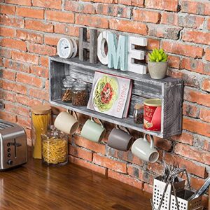 MyGift Wall Mounted Distressed Grey Solid Wood Wall Mug Holder Rack and Display Shelf with 4 Hooks, Coffee Cup Hanging Rack Bar Accessories and Storage