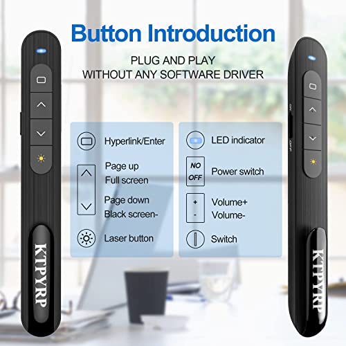 KTPYRP Presentation Clicker, PowerPoint Clickers, Wireless Presenter Remote, RF 2.4G Hz 100FT USB PPT Slide Remote Control with Clip for Presentations, Pet Cat Dog Lazer Pointer for Laptop