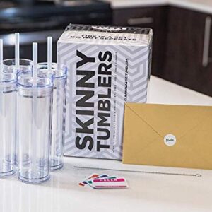 STRATA CUPS Skinny Acrylic Clear Tumblers with Lid and Straw 4 Pack - 16 oz Insulated Double Wall Reusable Plastic Tumbler Cups with FREE Straw Cleaner & Name Tags | Bulk Camping & Traveling Tumblers