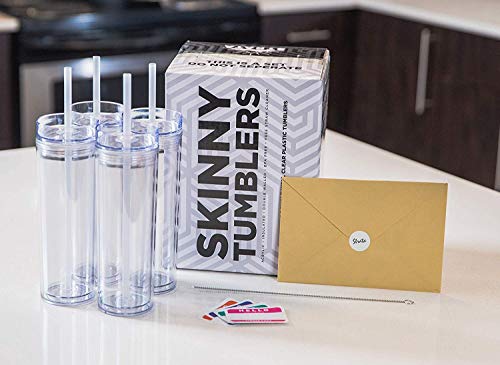 STRATA CUPS Skinny Acrylic Clear Tumblers with Lid and Straw 4 Pack - 16 oz Insulated Double Wall Reusable Plastic Tumbler Cups with FREE Straw Cleaner & Name Tags | Bulk Camping & Traveling Tumblers