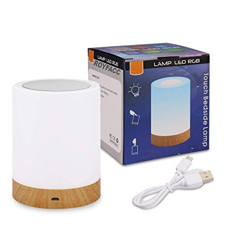 ROYFACC Night Light Touch Sensor Lamp Bedside Table Lamp for Kids Bedroom Rechargeable Dimmable Warm White Light + RGB Color Changing