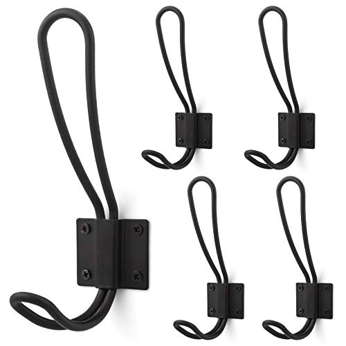 Arks Royal Black Big Rustic Hook Double Coat Hangers Decorative Holder Heavy Duty Metal Storage Organizer, Four Screws Wall Mounted Wire Hooks, Great for for Garage/Bathroom/Living Rooms, 5 Pieces