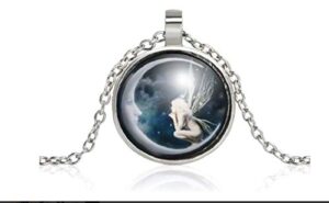 paweena fairy on the moon photo cabochon glass silver chain pendant necklace jewelry new