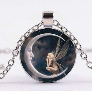 paweena Fairy on The Moon Photo Cabochon Glass Silver Chain Pendant Necklace Jewelry New