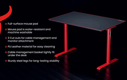 Arozzi Arena Leggero Gaming and Office Desk with Full Surface Water Resistant Desk Mat Custom Monitor Mount Cable Management Cut Outs Under The Desk Cable Management Netting - Red