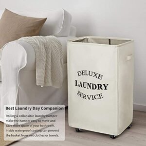 WOWLIVE Large Rolling Laundry Basket Wheels 90L Collapsible Tall Laundry Hamper Handle Foldable Dirty Clothing Basket Fold up Rectangular Hampers for Laundry Dorm Room (Beige)