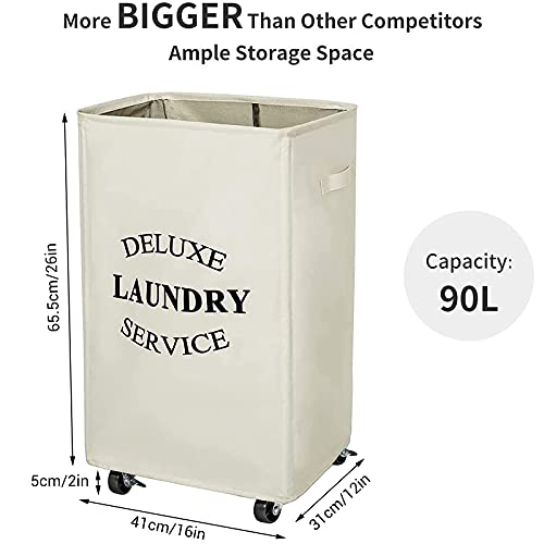 WOWLIVE Large Rolling Laundry Basket Wheels 90L Collapsible Tall Laundry Hamper Handle Foldable Dirty Clothing Basket Fold up Rectangular Hampers for Laundry Dorm Room (Beige)