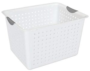 sterilite deep ultra plastic multipurpose storage bin home and office organizer basket with carrying handles, white (18 pack)