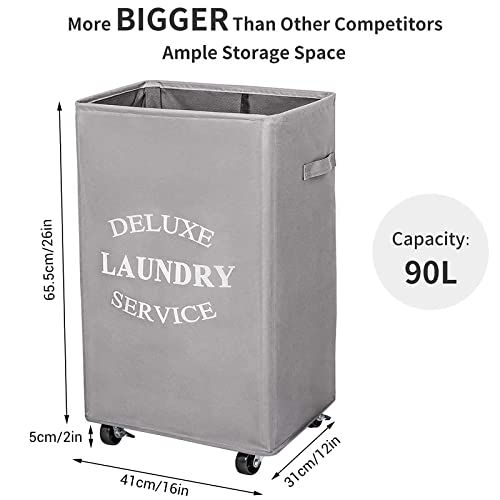 WOWLIVE Large Rolling Laundry Basket Wheels 90L Collapsible Tall Laundry Hamper Handle Foldable Dirty Clothing Basket Fold up Rectangular Hampers for Laundry Dorm Room (Grey)