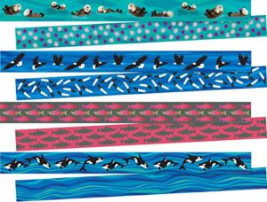 barker creek double-sided border set of 4, sea & sky, multi-design, 35' each of 4 designs, otters, eagles, salmon, whales, total of 140' of double-sided border in set (3865)