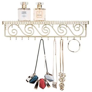 MyGift Gold-Tone Metal Wall-Mounted Jewelry & Cosmetics Shelf with 25 Necklace Hooks