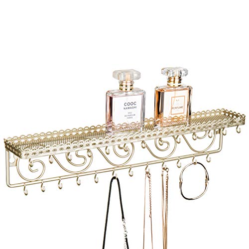 MyGift Gold-Tone Metal Wall-Mounted Jewelry & Cosmetics Shelf with 25 Necklace Hooks