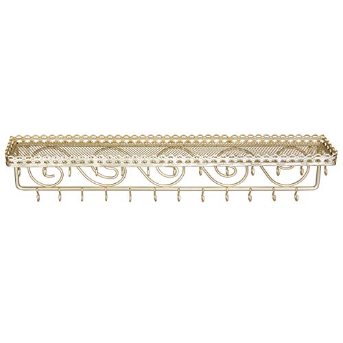 MyGift Gold-Tone Metal Wall-Mounted Jewelry & Cosmetics Shelf with 25 Necklace Hooks