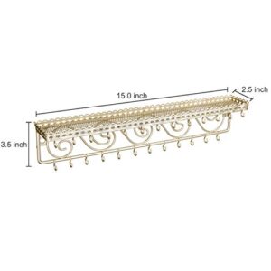 MyGift Gold-Tone Metal Wall-Mounted Jewelry & Cosmetics Shelf with 25 Necklace Hooks