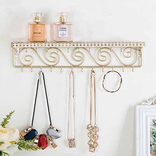 MyGift Gold-Tone Metal Wall-Mounted Jewelry & Cosmetics Shelf with 25 Necklace Hooks