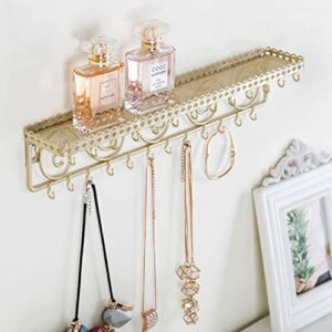 MyGift Gold-Tone Metal Wall-Mounted Jewelry & Cosmetics Shelf with 25 Necklace Hooks