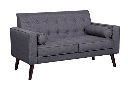 Container Furniture Direct Valadez Linen Upholstered Tufted Mid-Century Modern Loveseat with Bolsters, Dark Grey