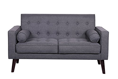 Container Furniture Direct Valadez Linen Upholstered Tufted Mid-Century Modern Loveseat with Bolsters, Dark Grey