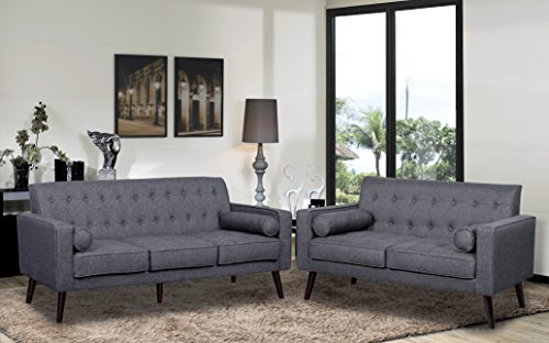 Container Furniture Direct Valadez Linen Upholstered Tufted Mid-Century Modern Loveseat with Bolsters, Dark Grey