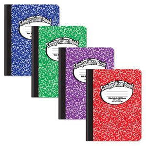 better office products composition book notebook - hardcover, wide ruled (11/32-inch), 100 sheet, one subject, 9.75" x 7.5", assorted covers: red, blue, green, purple-4 pack