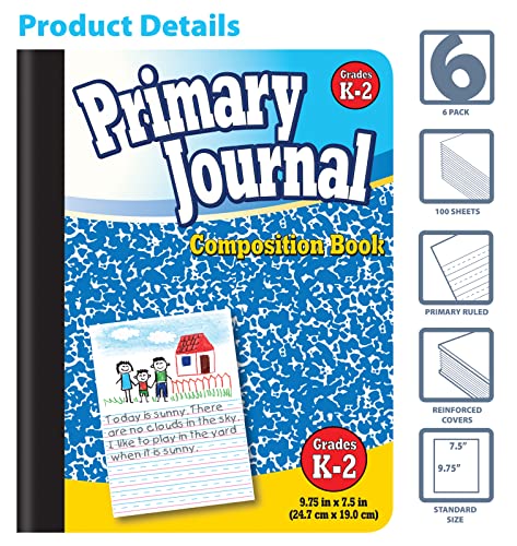 Primary Journal, Hardcover, Primary Composition Book Notebook - Grades K-2, 100 Sheet, One Subject, 9.75" x 7.5", Blue Cover-6 Pack