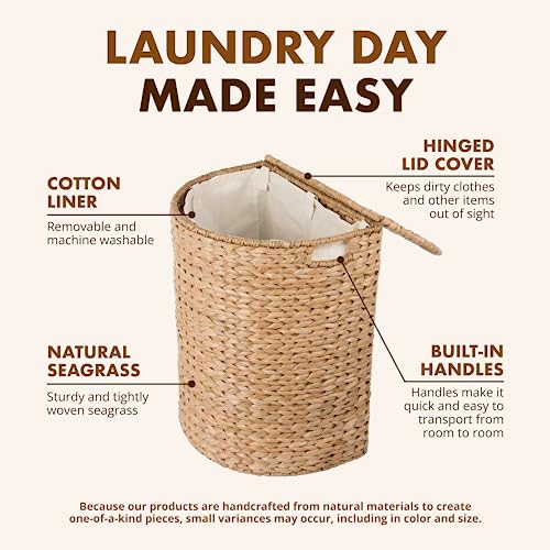 Kouboo Sea Grass Half Moon Basket with Removable Liner, Natural Color Laundry Hamper, One Size, Brown - 1030097