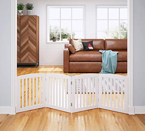 PAWLAND Wooden Freestanding Foldable Pet Gate for Dogs, 24 inch 4 Panels Step Over Fence, Dog Gate for The House, Doorway, Stairs, Extra Wide (White, 24" Height-4 Panels)