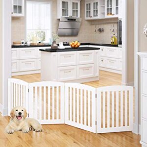 PAWLAND Wooden Freestanding Foldable Pet Gate for Dogs, 24 inch 4 Panels Step Over Fence, Dog Gate for The House, Doorway, Stairs, Extra Wide (White, 24" Height-4 Panels)