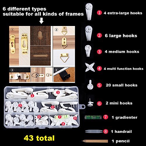 EuTengHao 43Pcs Invisible Nail Screws Wall Hooks No Trace Picture Hangers Traceless Photo Hook Hardwall Drywall Picture Hooks Multi Function Heavy Duty Picture Art Painting Frame Hanger (35Lbs,6Types)