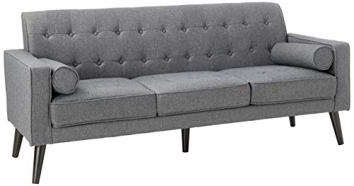 Container Furniture Direct S L Loveseat with Valadez Linen Upholstered Tufted Mid-Century Modern Sofa with Bolsters, Dark Grey