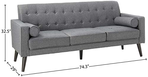 Container Furniture Direct S L Loveseat with Valadez Linen Upholstered Tufted Mid-Century Modern Sofa with Bolsters, Dark Grey