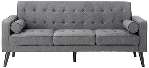 Container Furniture Direct S L Loveseat with Valadez Linen Upholstered Tufted Mid-Century Modern Sofa with Bolsters, Dark Grey