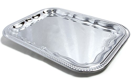 Maro Megastore (Pack of 4) 13.4-Inch x 10-Inch Oblong Rectangular Trim Victoria Flower Engraved Chrome Plated Serving Plate Mirror Tray Platter Tableware Candle Deco Art Holiday Party(Small) T227s-4pk