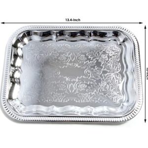 Maro Megastore (Pack of 4) 13.4-Inch x 10-Inch Oblong Rectangular Trim Victoria Flower Engraved Chrome Plated Serving Plate Mirror Tray Platter Tableware Candle Deco Art Holiday Party(Small) T227s-4pk