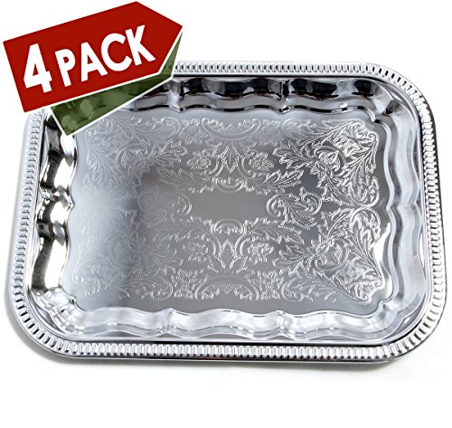 Maro Megastore (Pack of 4) 13.4-Inch x 10-Inch Oblong Rectangular Trim Victoria Flower Engraved Chrome Plated Serving Plate Mirror Tray Platter Tableware Candle Deco Art Holiday Party(Small) T227s-4pk