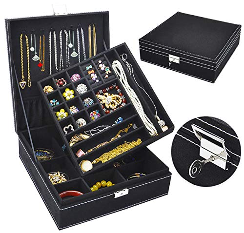 Jewelry Box for Women, QBeel 2 Layer 36 Compartments Necklace Jewelry Organizer with Lock Jewelry Holder for Earrings Bracelets Rings - Black