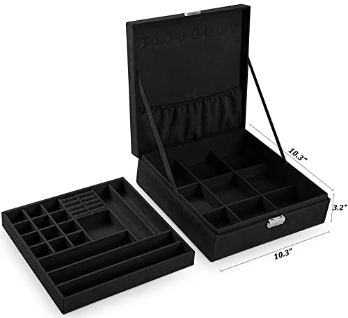 Jewelry Box for Women, QBeel 2 Layer 36 Compartments Necklace Jewelry Organizer with Lock Jewelry Holder for Earrings Bracelets Rings - Black