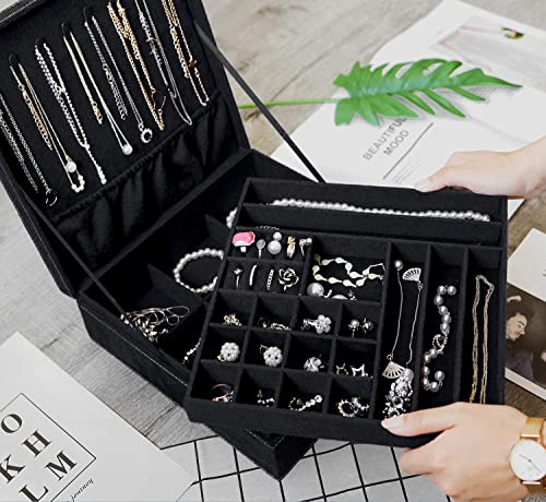 Jewelry Box for Women, QBeel 2 Layer 36 Compartments Necklace Jewelry Organizer with Lock Jewelry Holder for Earrings Bracelets Rings - Black