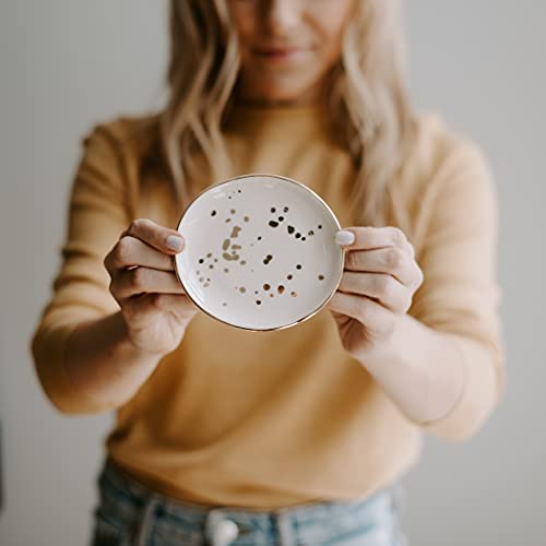 White Gold Speckled Jewelry Dish | Ceramic Circle Trinket Tray Home Decor Wedding Gift for Her Desk Organizer Accessories Small Ring Holder Gold Office Decor