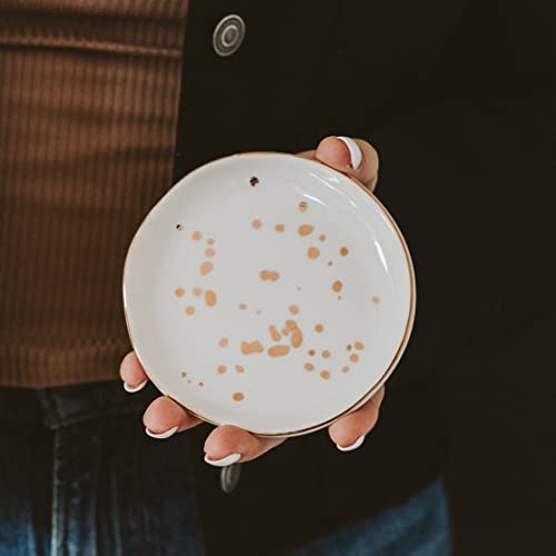 White Gold Speckled Jewelry Dish | Ceramic Circle Trinket Tray Home Decor Wedding Gift for Her Desk Organizer Accessories Small Ring Holder Gold Office Decor