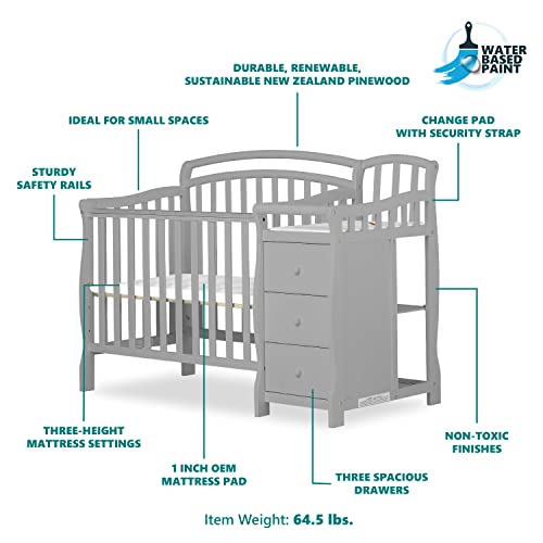 Dream On Me Casco 3-in-1 Mini Crib and Changing Table in Pebble Grey, Convertible Crib, Made of Pinewood, Three Position Adjustable Mattress Height Settings