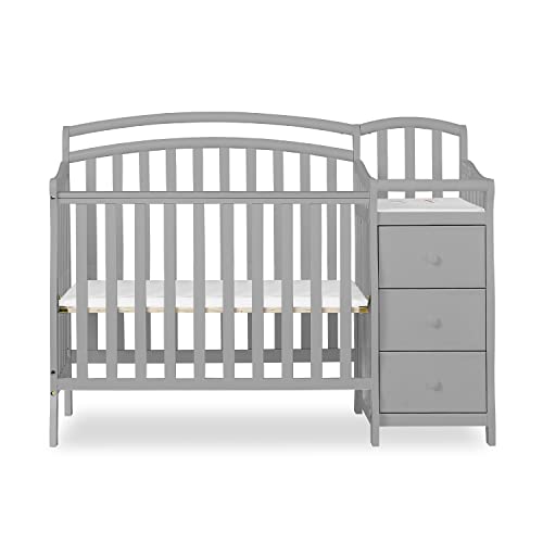 Dream On Me Casco 3-in-1 Mini Crib and Changing Table in Pebble Grey, Convertible Crib, Made of Pinewood, Three Position Adjustable Mattress Height Settings