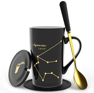 fullcci -15oz aquarius birthday gift ceramic creative constellation zodiac coffee mug set capacity upgrade tea cup for cocoa water milk juice (aquarius-black gold)