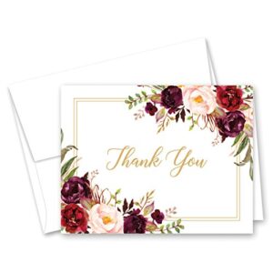 invitationhouse burgundy wine floral thank you cards and envelopes – 50 cnt