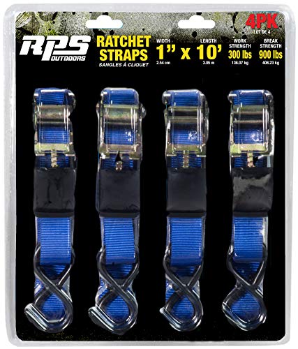 RPS Outdoors TOW-333 Blue 1" x 10' Ratchet Tie Down Straps (900 lb Break Strength), 4-Pack