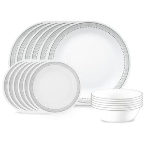 corelle vitrelle 18-piece service for 6 dinnerware set, triple layer glass and chip resistant, lightweight round plates and bowls set, mystic gray