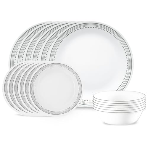 Corelle Vitrelle 18-Piece Service for 6 Dinnerware Set, Triple Layer Glass and Chip Resistant, Lightweight Round Plates and Bowls Set, Mystic Gray