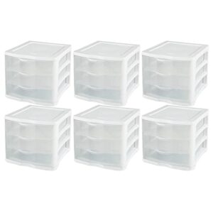 sterilite clear plastic stackable small 3 drawer storage system for home office, dorm room, or bathrooms, white frame, (6 pack)